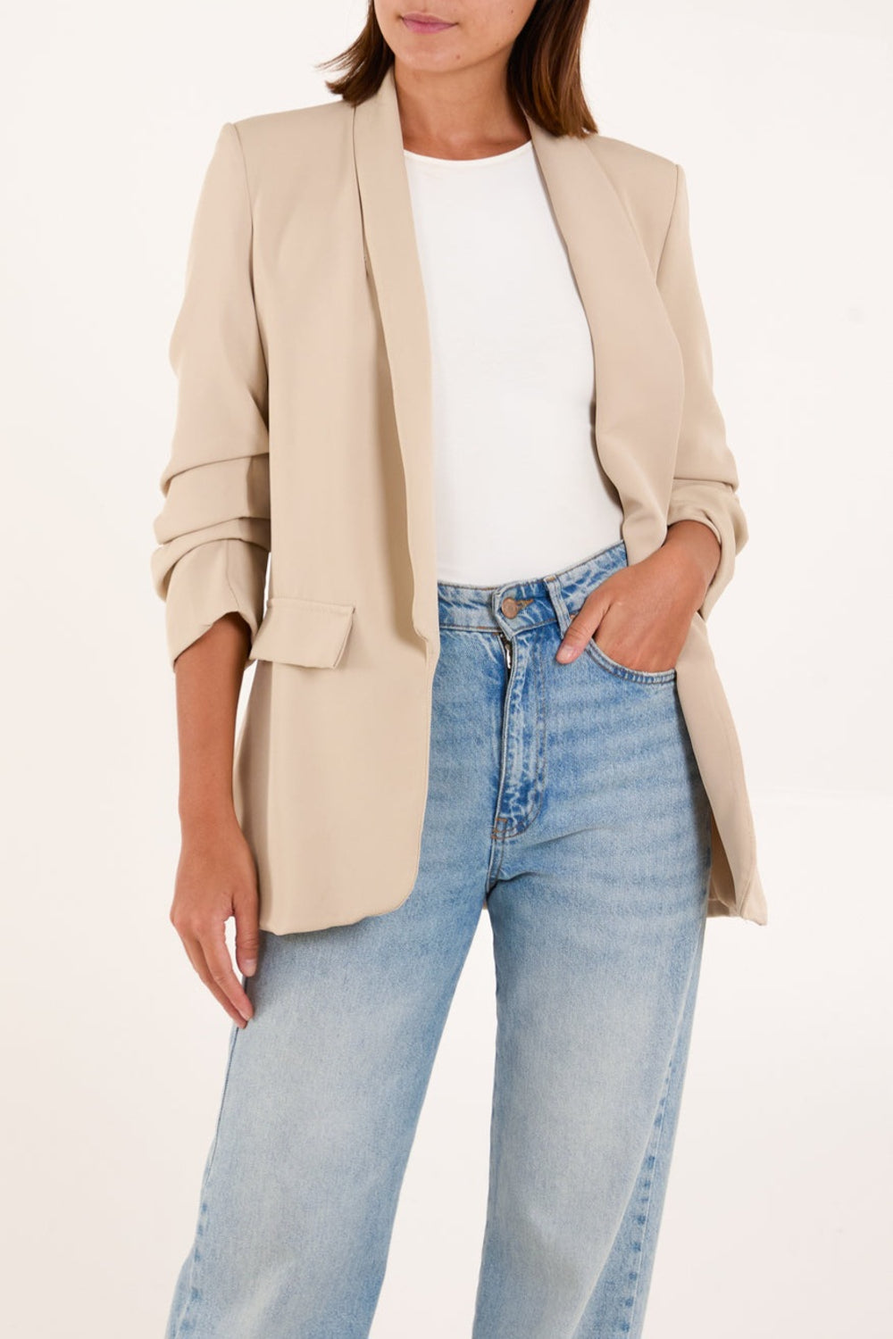 Beige Blazer with Ruched Sleeves - Aftershock London