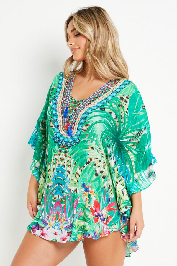 Tropical Green Short Beach Dress Kaftan - Aftershock London