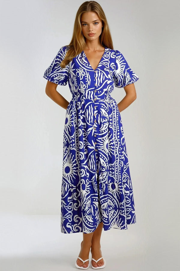 Royal Blue Puff Sleeve Midi Dress - Aftershock London