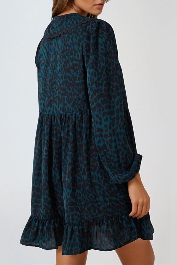 Teal Animal Print Smock Mini Dress - Aftershock London