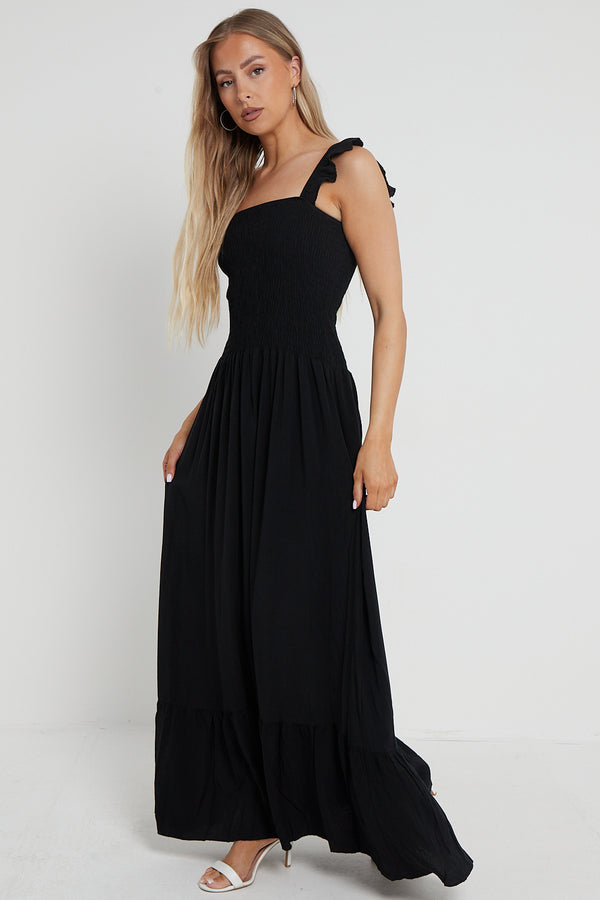 Black Shirred Maxi Dress With Frill - Aftershock London