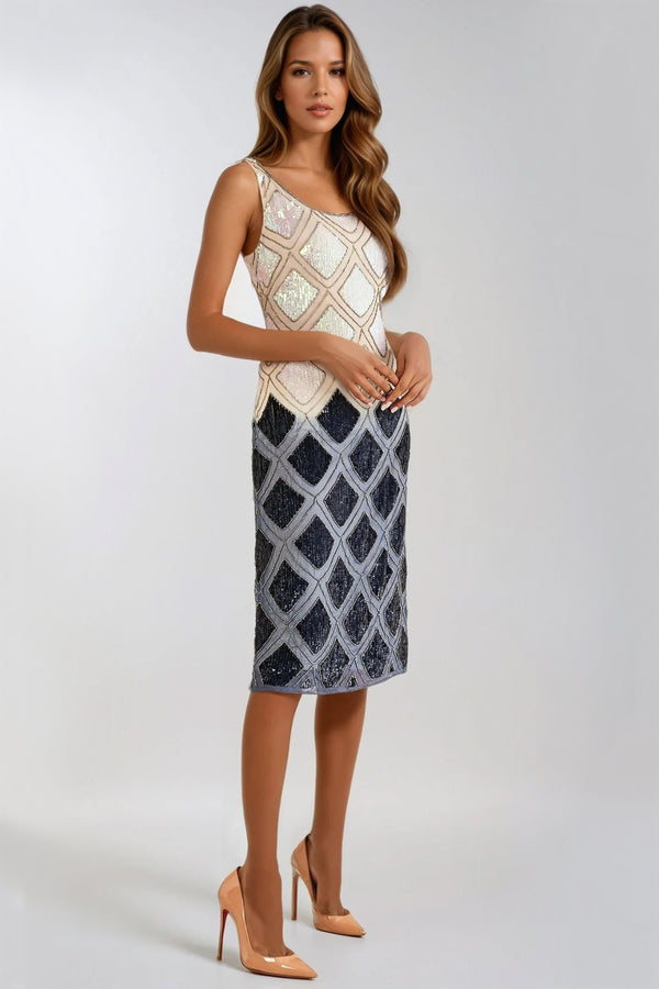 Navy Beige Sequin Diamond Pattern Midi Dress - Aftershock London