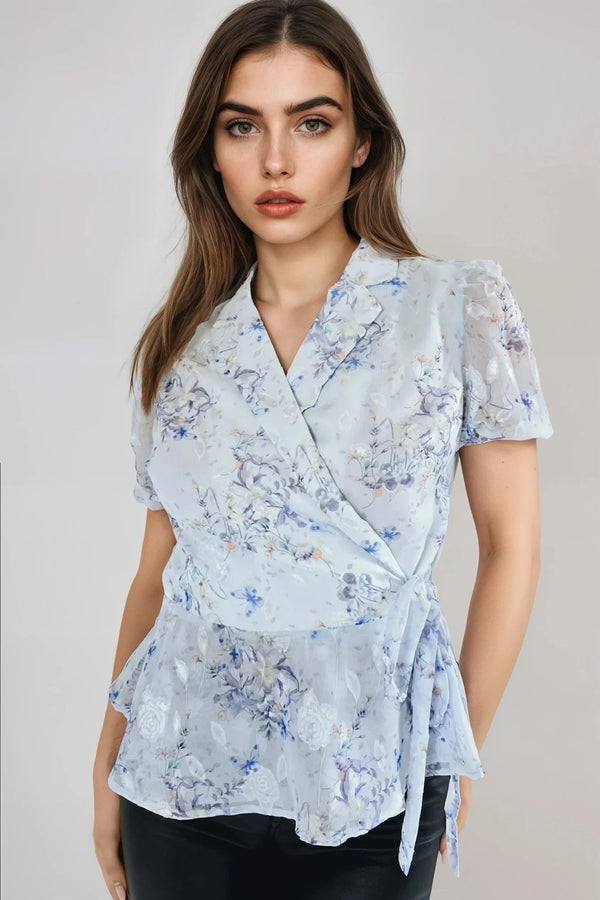 Blue Floral Wrap Blouse with Short Balloon Sleeves - Aftershock London
