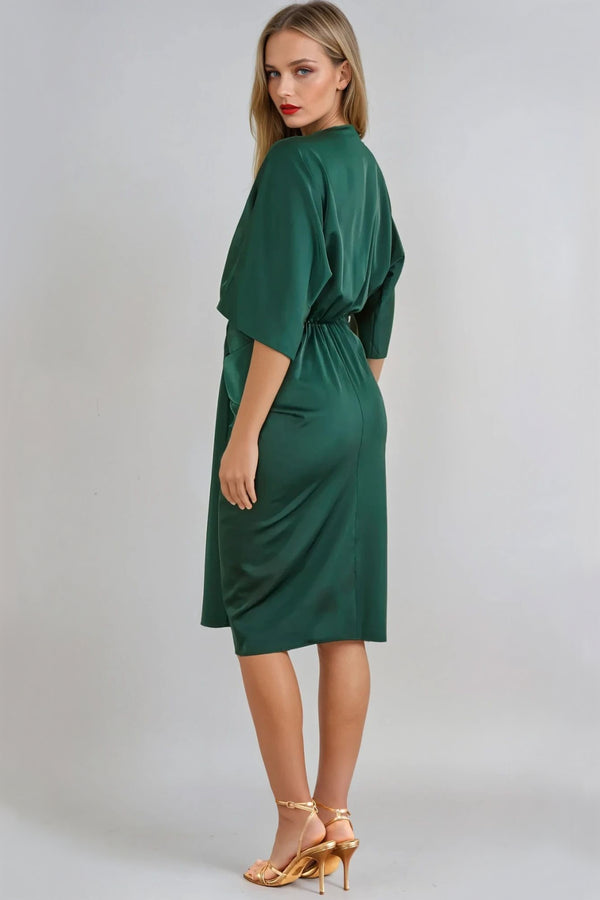 Green Satin Wrap Midi Dress - Aftershock London