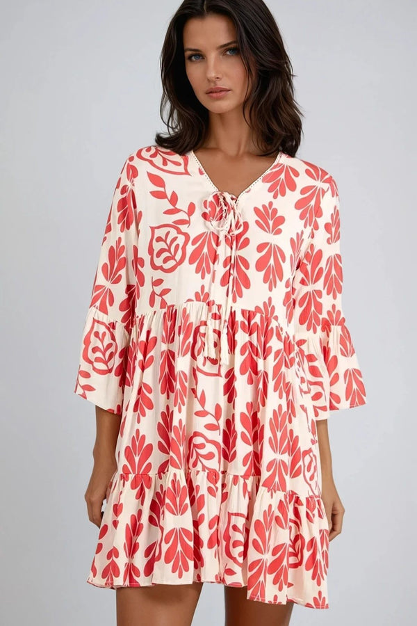 Red Floral Print Beach Smock Dress - Aftershock London