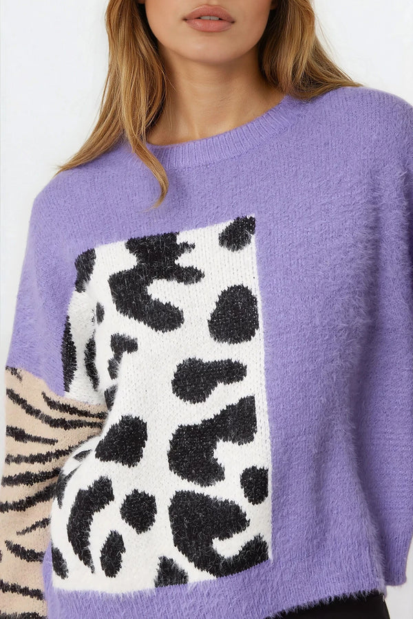 Purple Mixed Animal Pattern Knit Jumper - Aftershock London