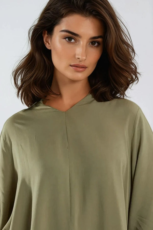 Khaki Open Collar Blouse - Aftershock London