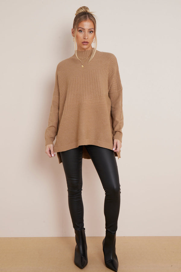 Camel High Neck Ribbed Jumper - Aftershock London
