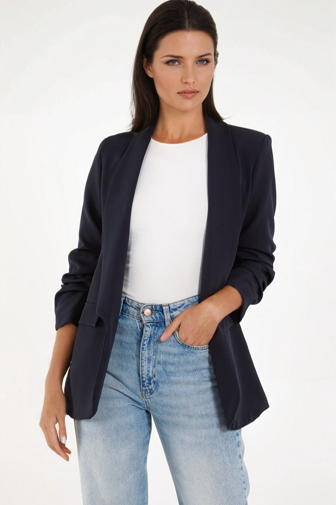 Navy Blazer with Ruched Sleeves - Aftershock London