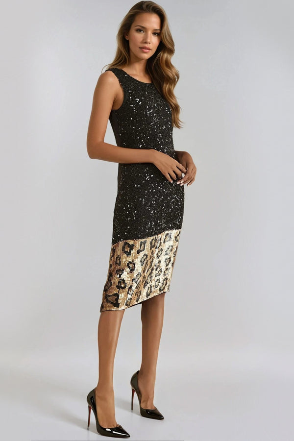 Black Gold Sequin Midi Dress with Leopard Trim - Aftershock London