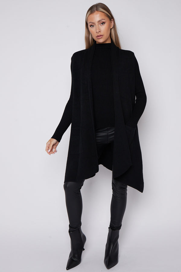 Black Soft Knit Sleeveless Long Cardigan - Aftershock London