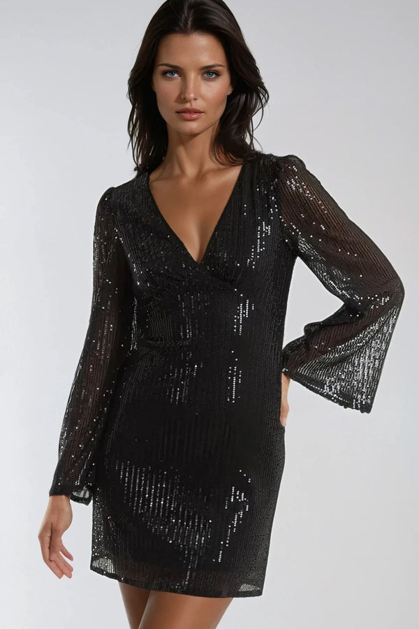 Black Sequin Angel Sleeve V Neck Mini Dress - Aftershock London