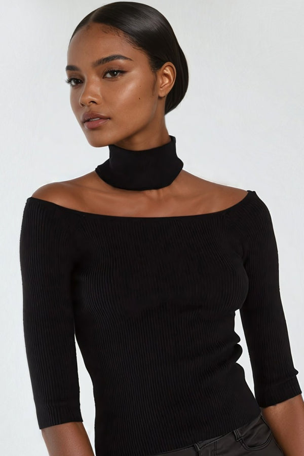 Black Cut-Out Shoulder Ribbed Jumper - Aftershock London