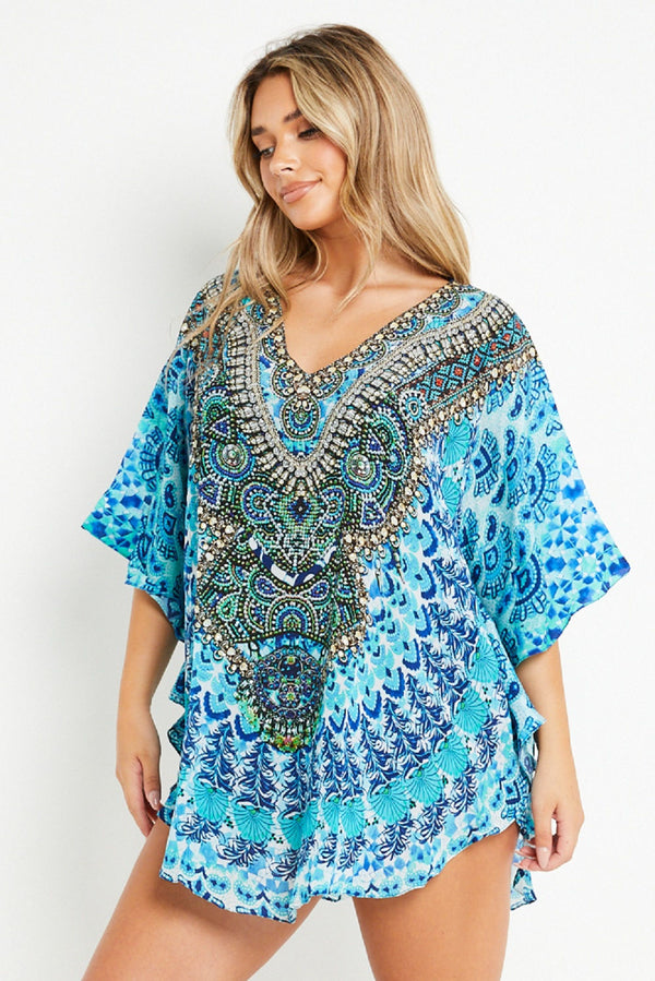 Aqua Blue Short Beach Dress Kaftan - Aftershock London